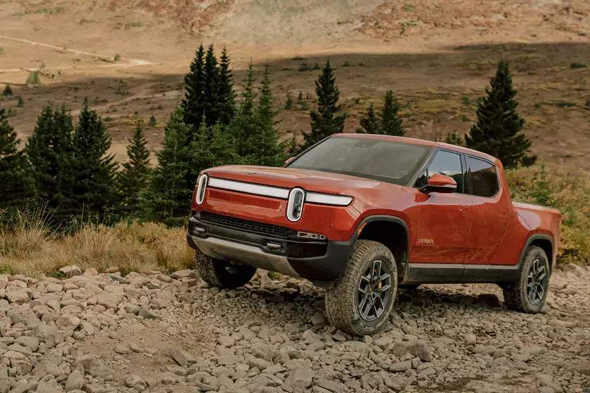 2022 Rivian R1T Truck Driving Front Angle