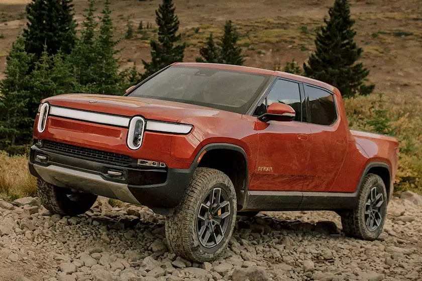 2022 Rivian R1T Truck Driving Front Angle