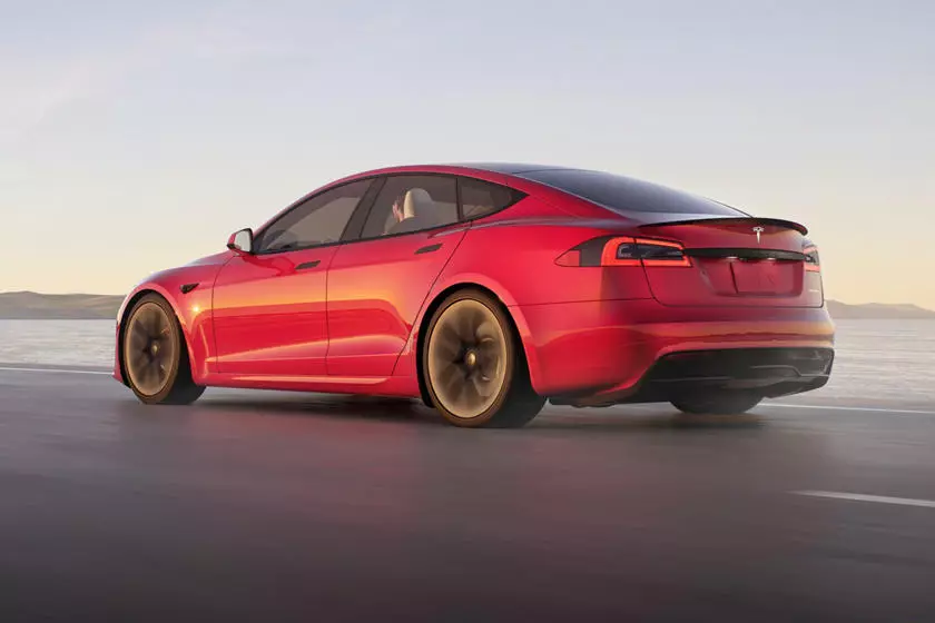 Tesla Model S 2021 года в клетку, вид сзади за рулем